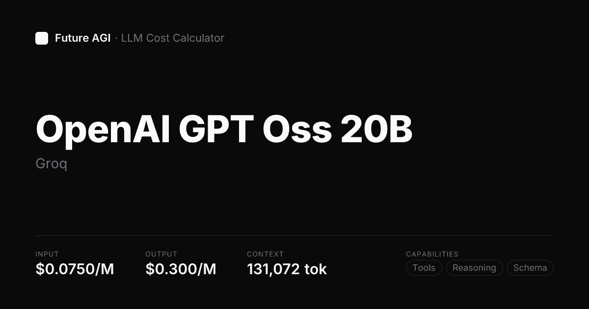 OpenAI GPT Oss 20B pricing & cost calculator — Groq | Future AGI